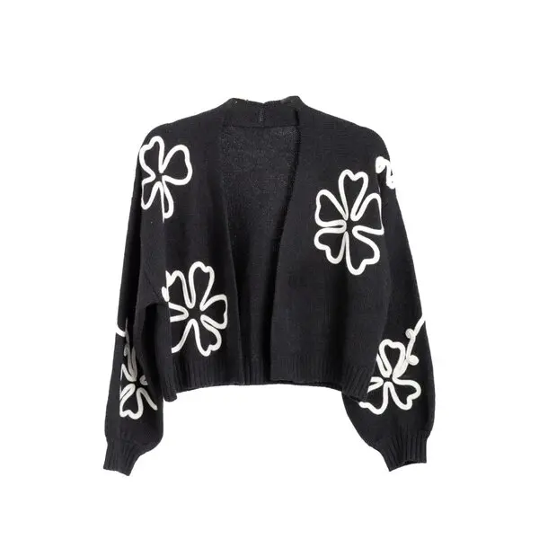 Saachi Cropped Floral Cardigan - Black