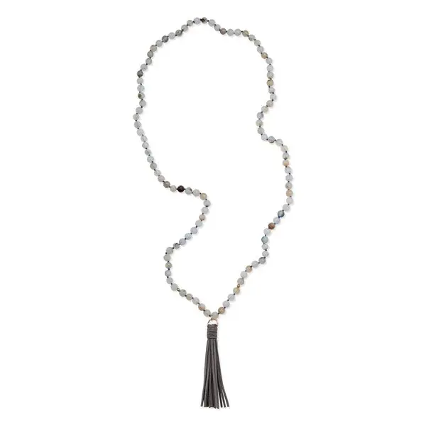 HEATHER HAWKINS Talulah Belle Gemstone Beaded Long Necklace With Suede Tassel Agate - Grey