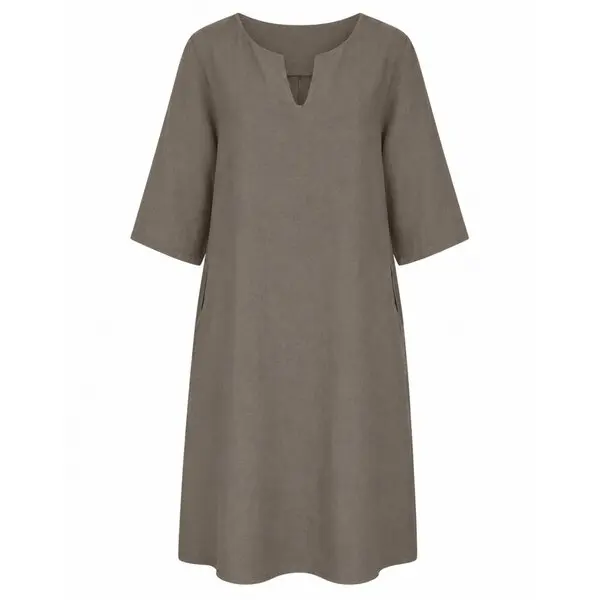 LUELLA FASHION Mia Short V-neck Linen Dress Taupe - Brown