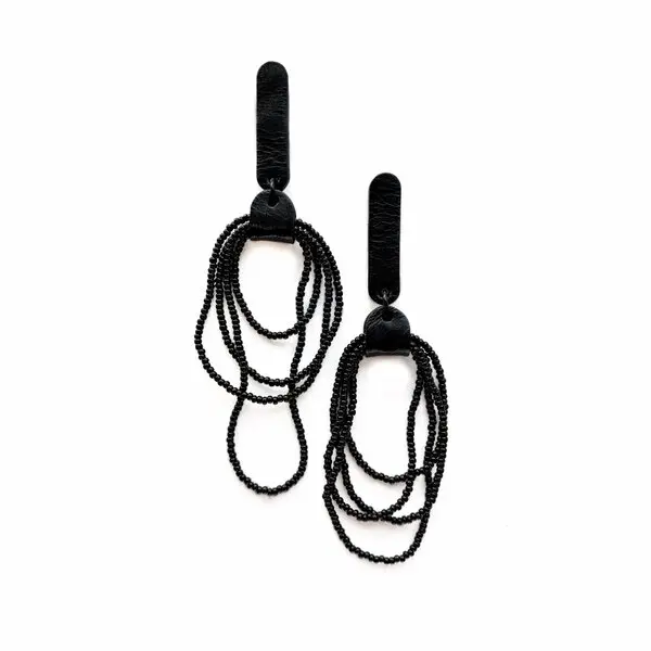 WAIWAI Beaded Dangle Leather Earrings - Black