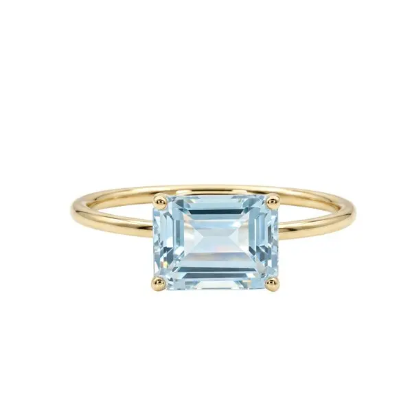 MELT'M JEWELRY 14k Gold East West Aquamarine Ring, Emerald Cut Minimalist Gemstone Ring - Blue/gold