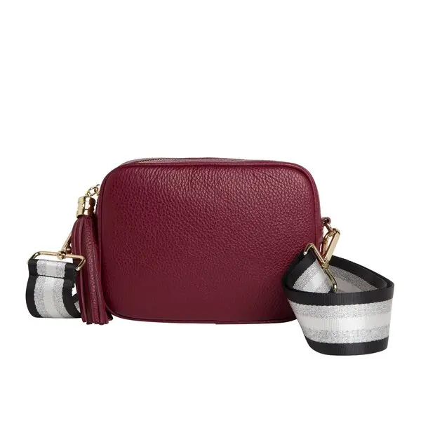 BETSY & FLOSS Verona Crossbody Burgundy Tassel Bag With Black & Silver Sparkle Strap - Red