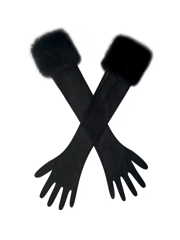MISS CIRCLE NEW YORK Eve Fur-trimmed Mesh Opera-length Gloves - Black