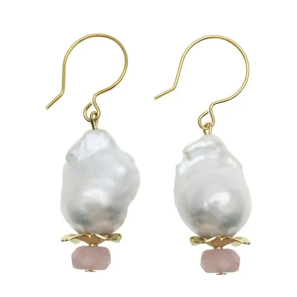 FARRA Baroque & Rose Quartz Dangle Earrings - White