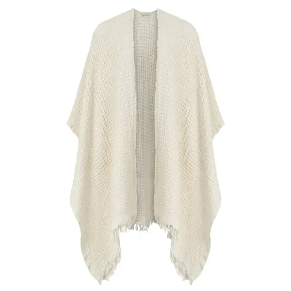 ZHENABIA Neutrals Waffle Poncho Beige Boho Cape - White