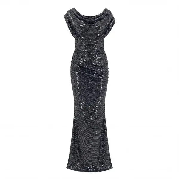 ATOM LABEL Platinum Gown In Gunmetal Sequin Sparkle - Grey