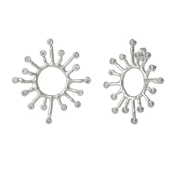 SPERO LONDON Sun Sunburst Large High Quality Crown Natural Textured Molten Sterling Earring - Silver