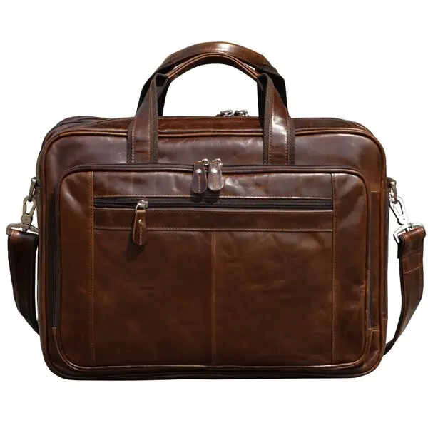 TOURI Genuine Leather Briefcase With Luggage Strap Polished - Brown