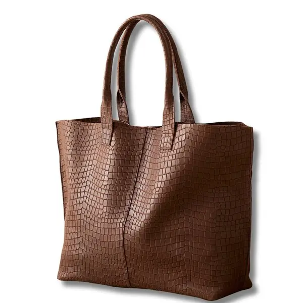 JUAN-JO Dark Croc Embossed Extra Large Tote Bag Maxi - Brown