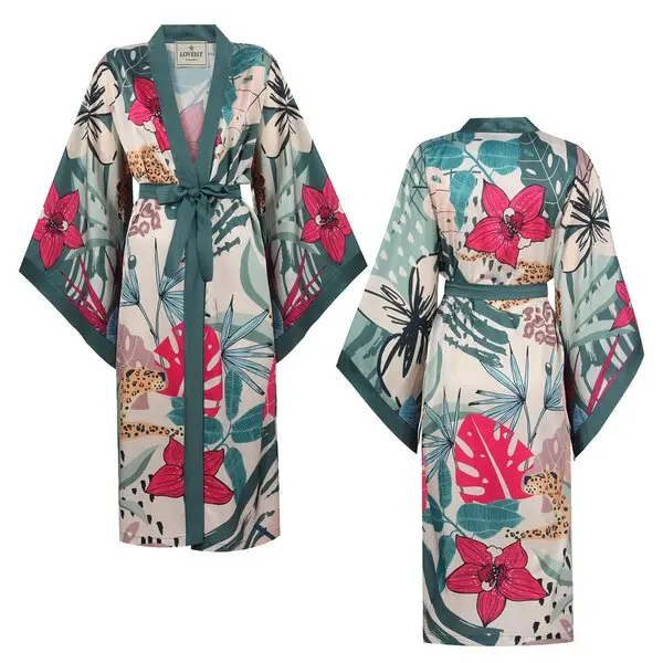 Loveist Store Del Rey Tropical Silky Satin Kimono - Green
