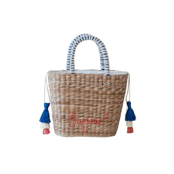 Likhâ Neutrals / Blue / Red Handwoven Seagrass Bonjour Tote Bag With Tassels - Blue/red