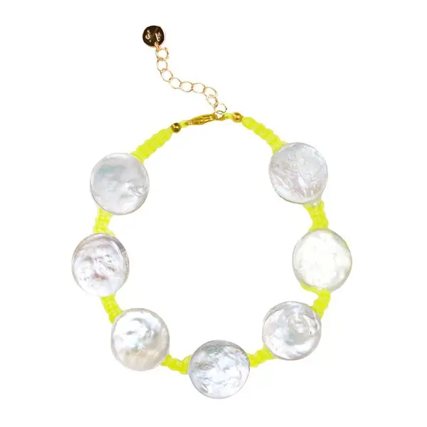 ADRIANA PAPPAS DESIGNS Coin Pearl Anklet On Colored Cord Neon - Yellow