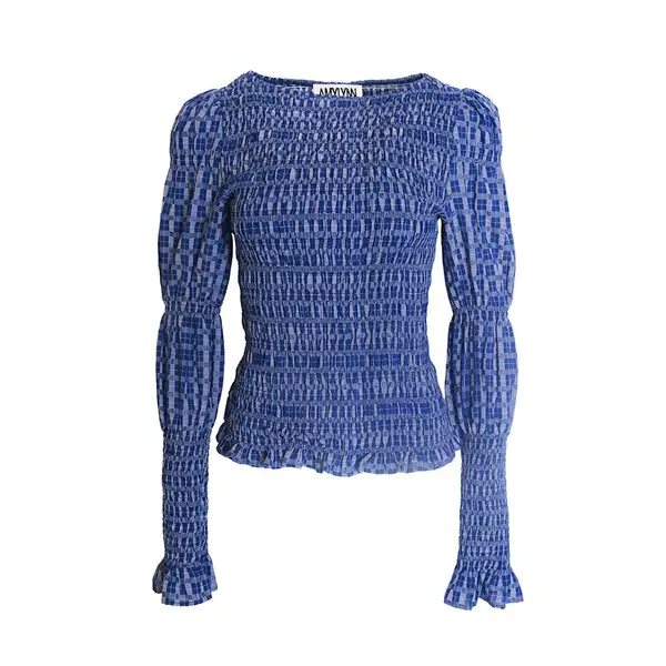AMY LYNN Iris Indigo Checkerboard Cotton Smocked Sleeve Top - Blue