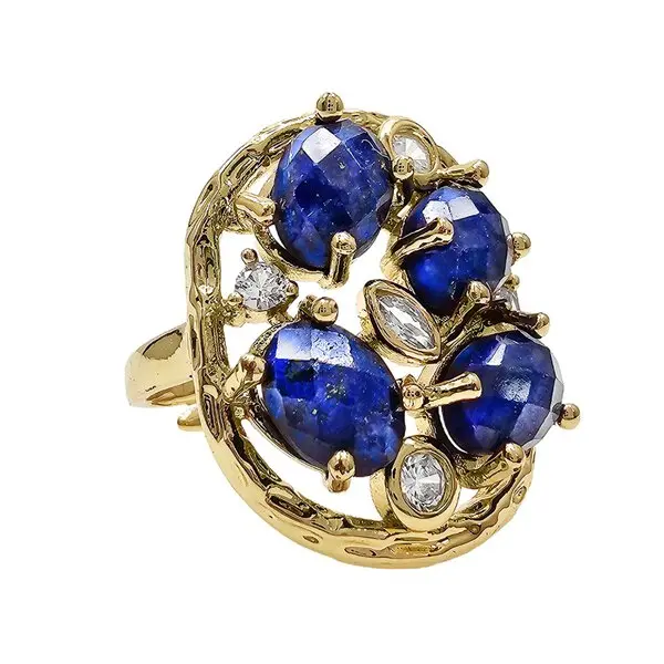FARRA Lapis Stone With Zircon Statet Adjustable Ring - Blue