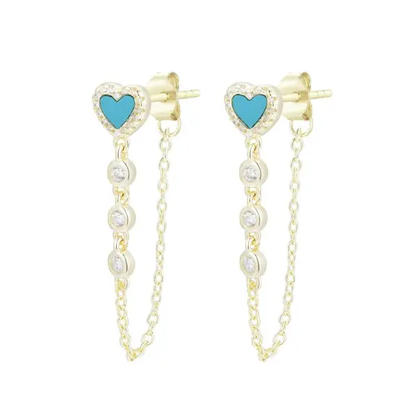 KAMARIA Heart Chain Stud Earrings With Crystals Turquoise - Blue
