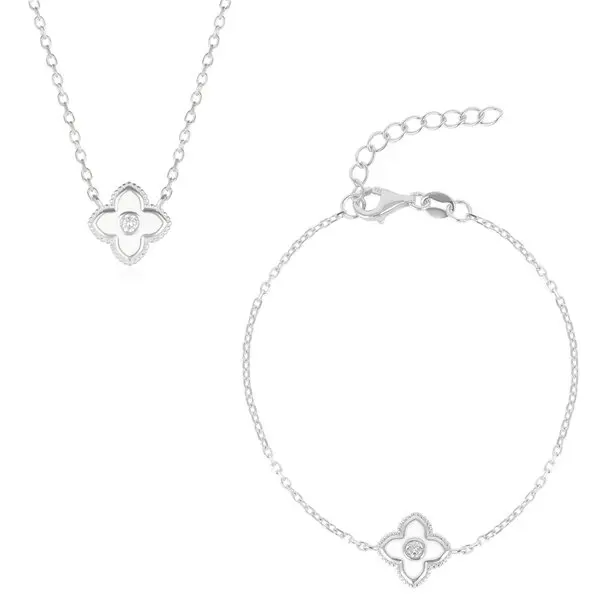 SPERO LONDON White Enamel Four Leaf Clover Necklace & Bracelet Set With Gemstone In Sterling - Silver