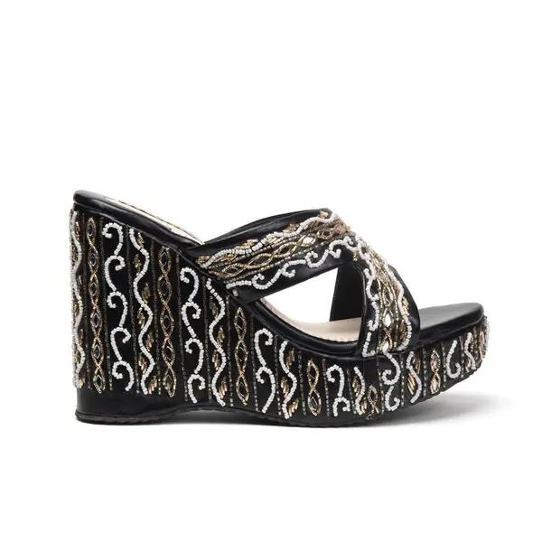 RETTROSE Ruth Hand Embellished Luxury Wedge Shoe - Black