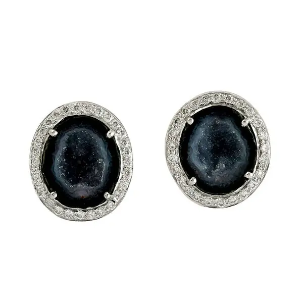ARTISAN White / Black Geode & Diamond Halo Stud Earrings In 18k White Gold - White/black