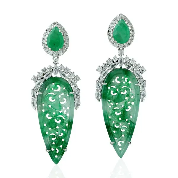 ARTISAN Carved Jade, Emerald, Sapphire & Diamond Drop Earrings In 18k White Gold - Green