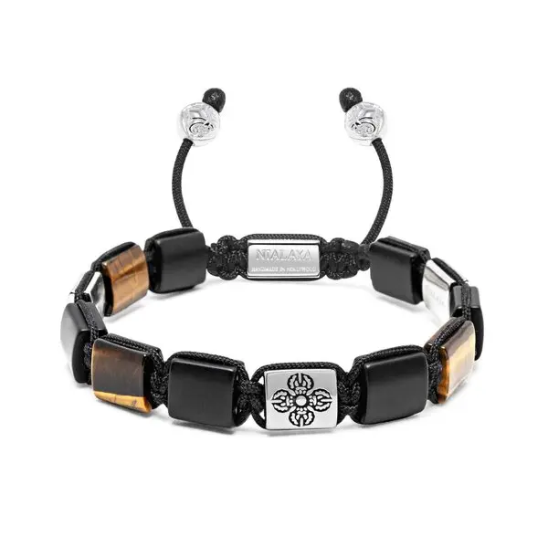 NIALAYA JEWELRY Black / Brown / Silver Tiger Eye Dorje Flatbead Bracelet - Black/brown/silver