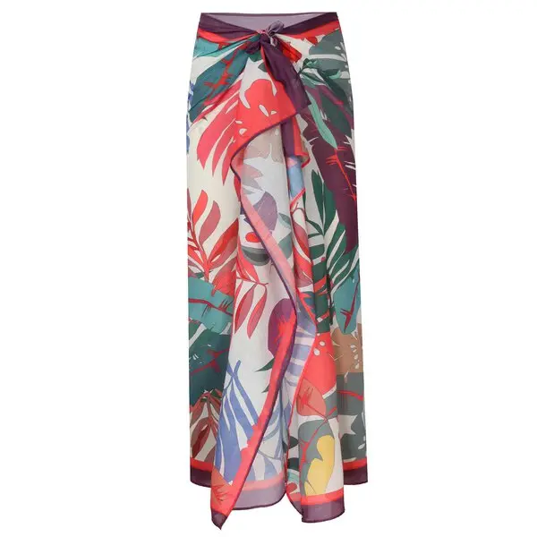 Loveist Store Aicha Tropical Leaf Printed Sarong Pareo - Green/orange/red