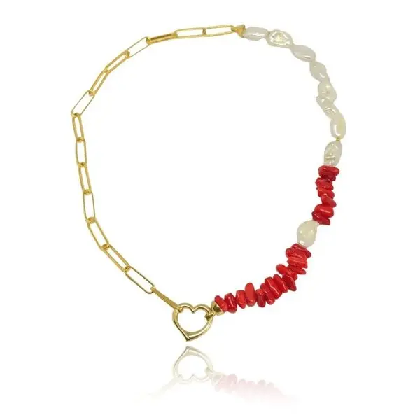 LINYA JEWELLERY Love Chain Coral Pearl Necklace - Gold