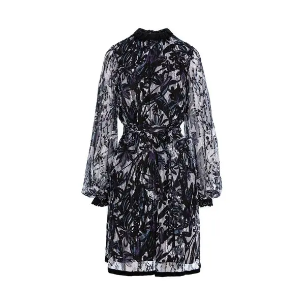 CONCEPT A TROIS Black / Blue / White Lace Dress With Velvet Lace Details At The Collar And Cuffs - Black/blue/white
