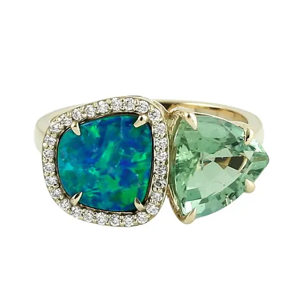ARTISAN Blue Opal, Green Tourmaline & Diamond Statet Ring In 14k Yellow - Gold