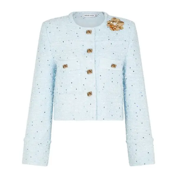 SOUR FIGS Blue / White Sequined Brooch-detail Wool Blend Bouclé Tweed Jacket In Baby Blue - Blue/white