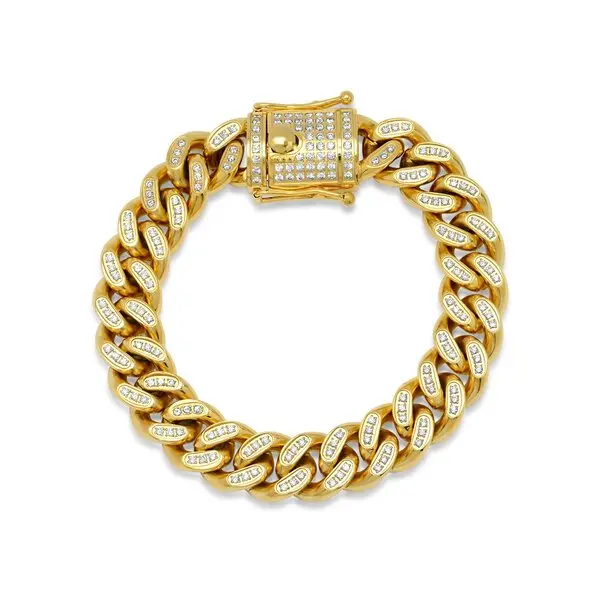 STEELTIME Stainless Steel 18k Plated 10mm Miami Cuban Link Cz Iced Out Bracelet With Box Clasp 9 Inch - Gold