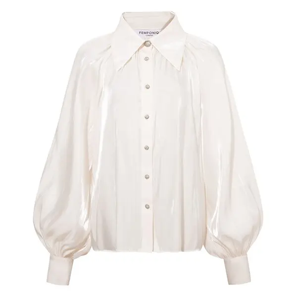 FEMPONIQ Gathered Neck Voluminous Raglan Sleeve Shirt Pearl - White