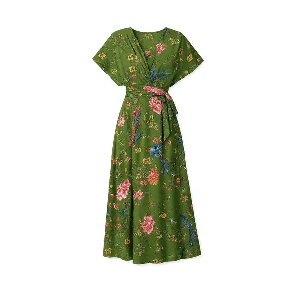 YUMI Bird And Floral Print Ruched Waist Kimono Midi Dress - Green