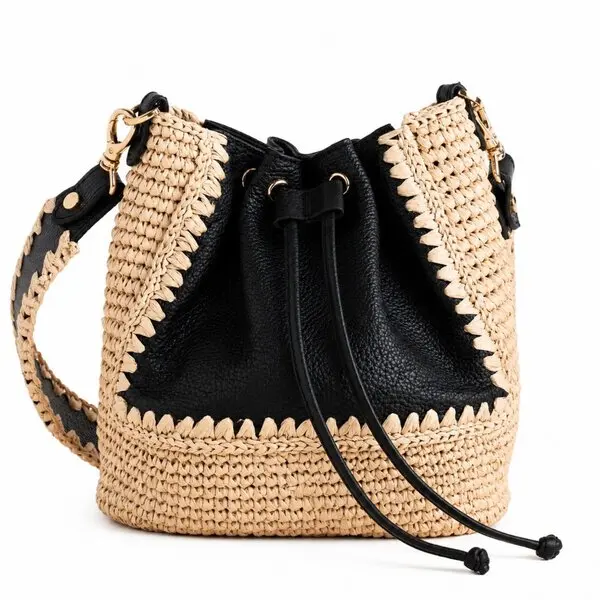 HAMEL ATELIER Neutrals Handwoven Raffia & Leather Shoulder Bag - Beige/black