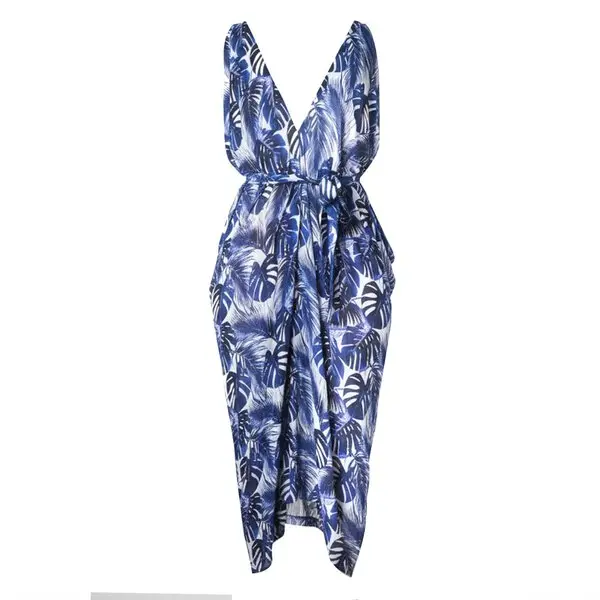 COCO RIKO IBIZA Maya Kaftan Dress Indigo Leaf - Blue