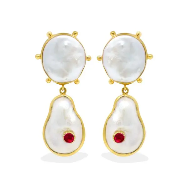 VINTOUCH ITALY Gold / White / Red Rebel Rebel Pearl Earrings With Rubies - Gold/white/red