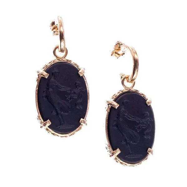 GEM KINGDOM Black / Gold Gold Plated Earrings With Black Cameo - Black/gold