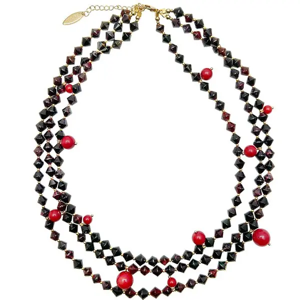 FARRA Black / Red Multi-layers Garnet With Red Coral Statet Necklace - Black/red