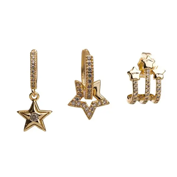 EBRU JEWELRY Trio & Diamond Sparkly Star Earrings - Gold