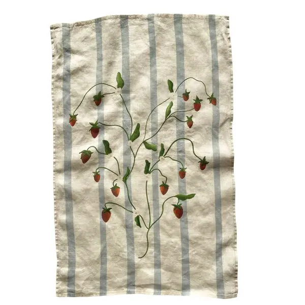 QUEEN OF THE RODEO Linen Tea Towel Strawberry Vines - Blue