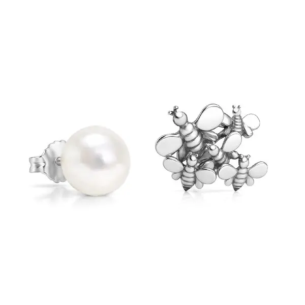 UNALOE Silver / White Sterling Silver Natural Qeen Pearl Stud Earrings – Contemporary Designer Gemstone Jewelry - Silver/white
