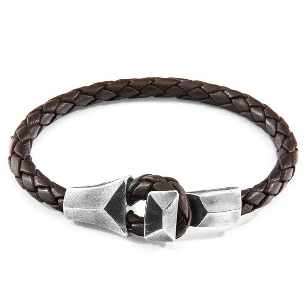 ANCHOR & CREW Cacao Alderney Silver & Braided Leather Bracelet - Brown