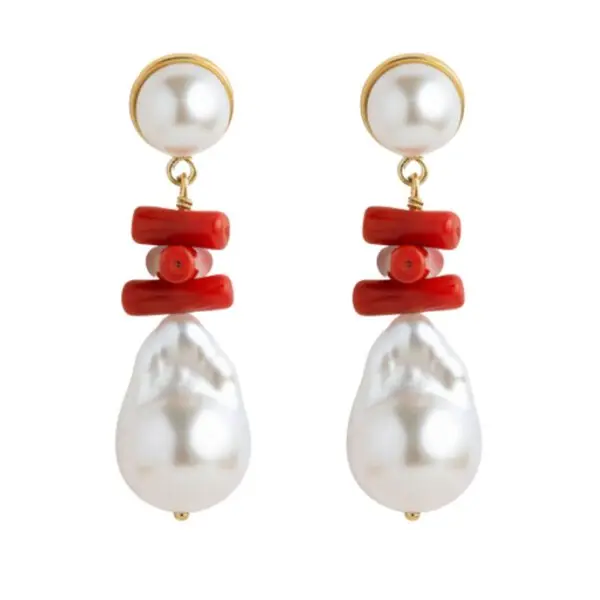 LINYA JEWELLERY Red Coral Baroque Pearl Earrings - Gold