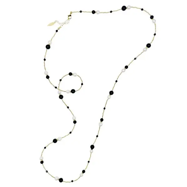 FARRA Black Obsidian With Freshwater Pearls Long Necklace