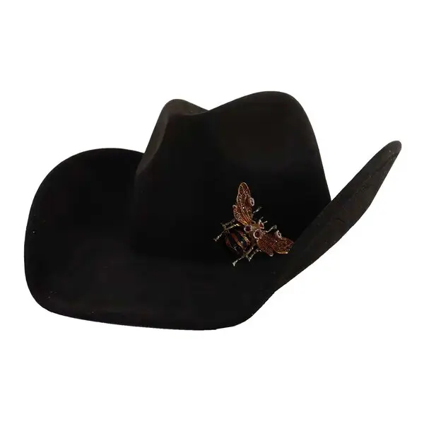 CHANEL JOAN ELKAYAM Faux Suede Cowboy Hat With Large Bee Brooch - Black