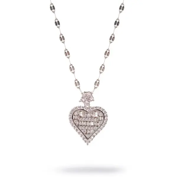 EBRU JEWELRY Sparkling Baguette Diamond Big Heart Statet Necklace - Silver