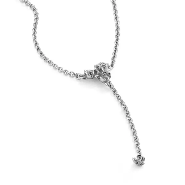UNALOE Eres Sterling Rose Drop Necklace – Handmade Floral Y Necklace – Romantic Jewelry - Silver