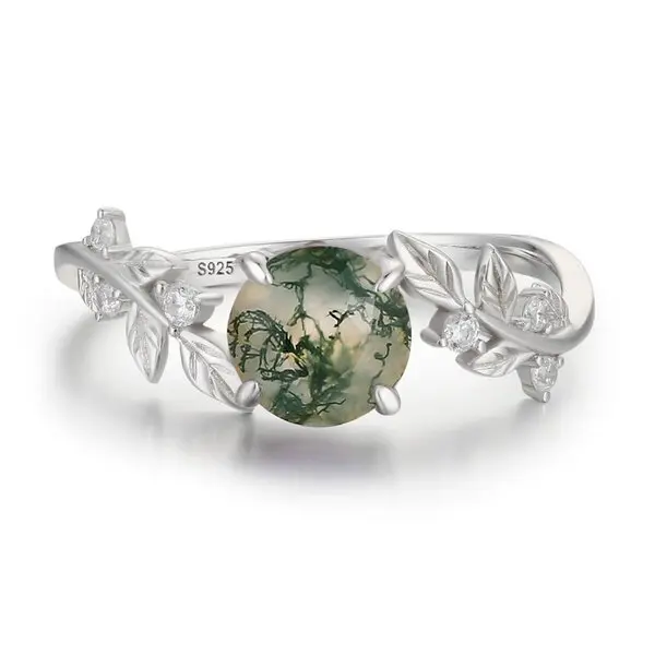 AZURA JEWELRY NEW YORK Between The Leaf Round Moss Agate Ring White Gold Vermeil - Silver