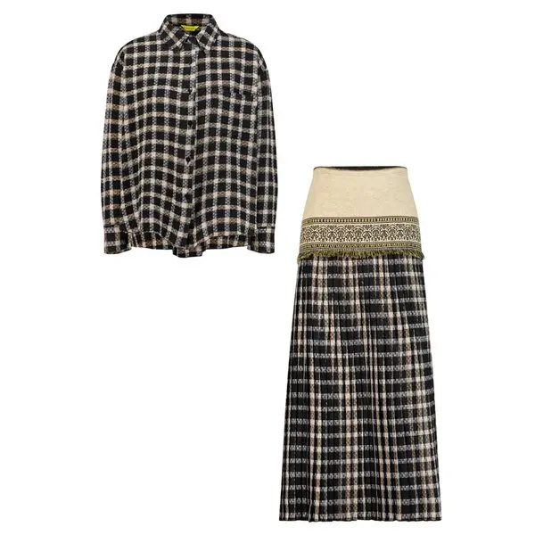 EMANMOON Checked Shirt And Pleated Skirt Set