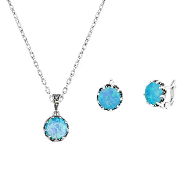 SPERO LONDON High Quality Round Opal Sterling Silver Earring & Necklace Set Light - Blue