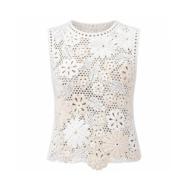 IZABELA MANDOIU Elegant Macramé Lace Top – Ivory & Beige Floral Crochet Sleeveless Blouse - White